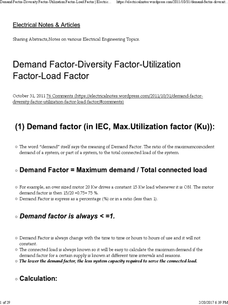 Demand Factor Diversity Factor Utilization Factor Load Factor