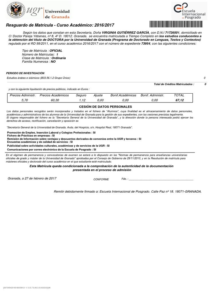 Resguardo Matrícula | PDF