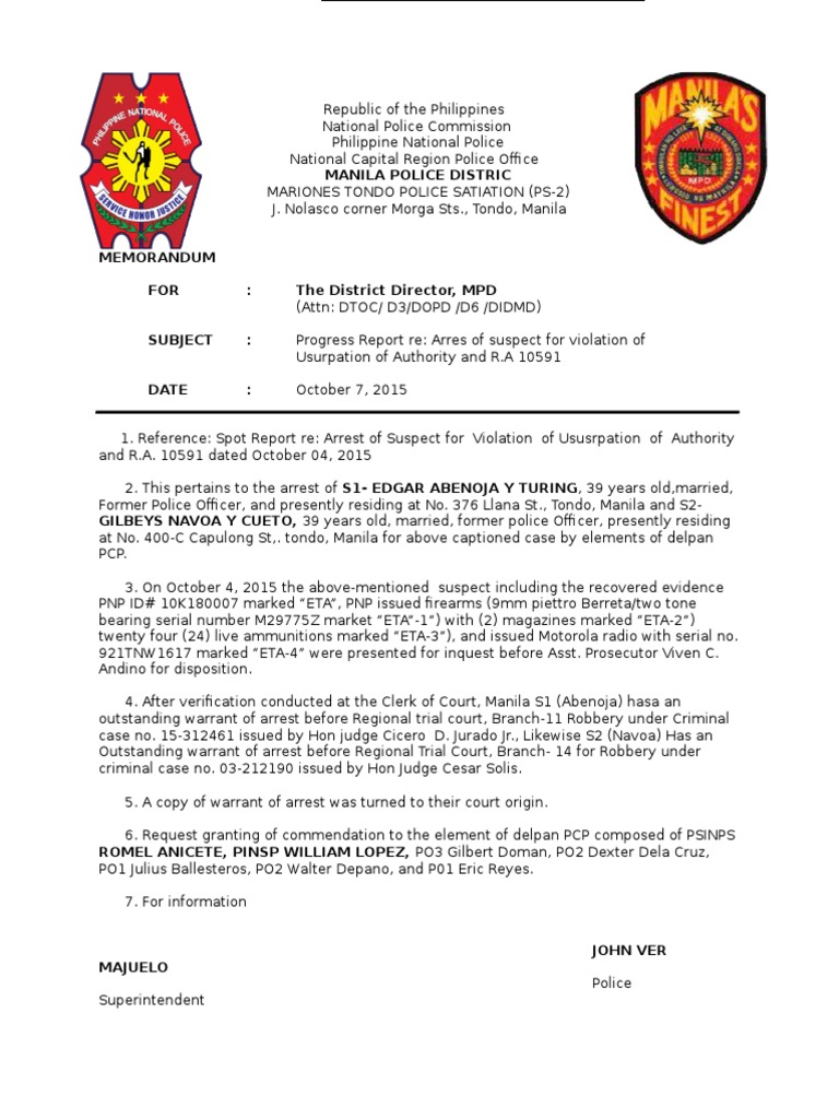 Philppine National Police Memorandum of Po1 | Arrest | Arrest Warrant