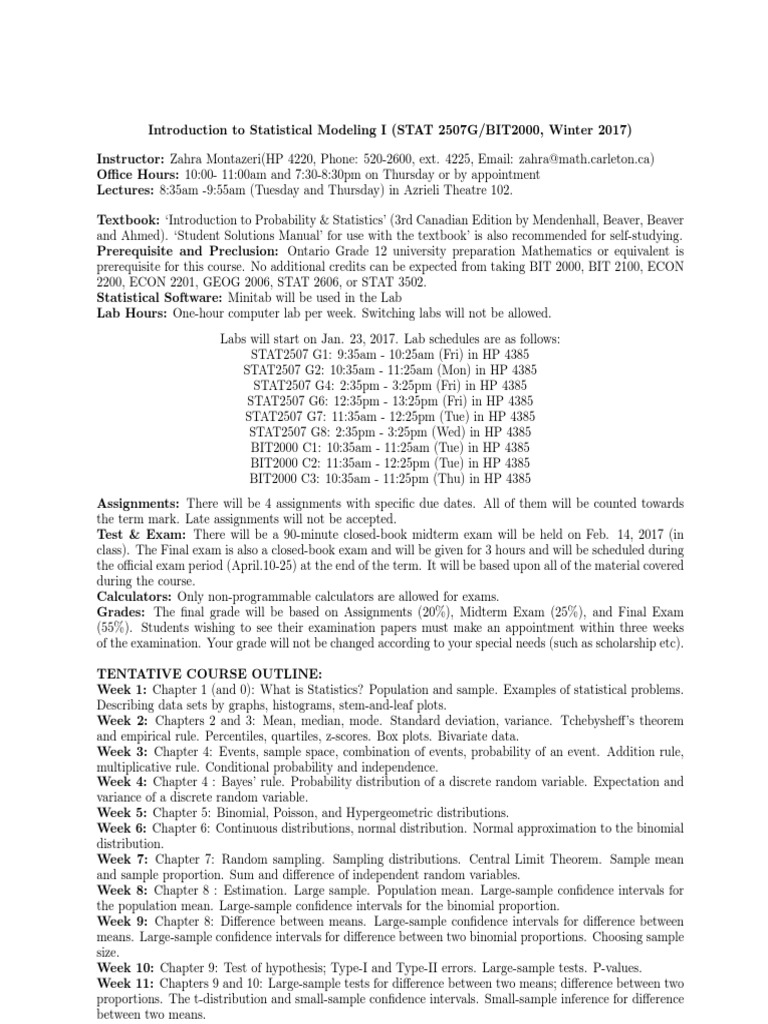STAT 2507 Course Outline Winter 2017 | PDF | Probability Distribution ...