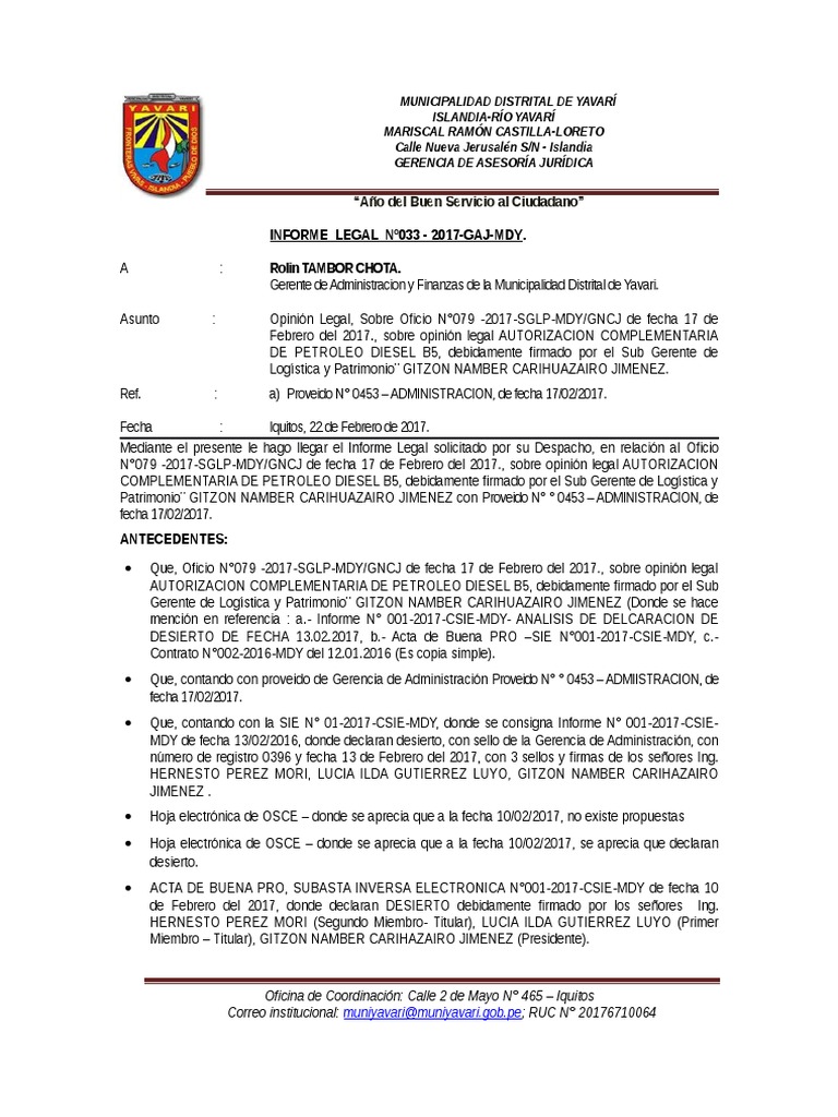 Informe Legal Contrato Complementario | PDF | Regulación | Presupuesto