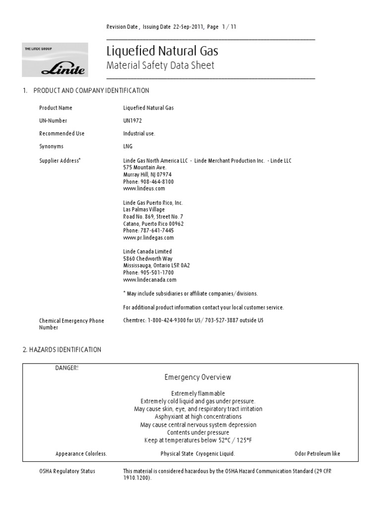 Linde LNG Material Safety Datasheet | PDF | Dangerous Goods | Carbon ...