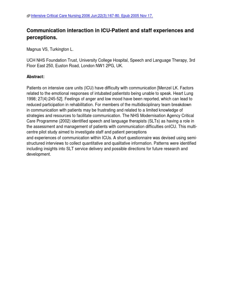 Communication Interaction in ICU-Patient and Staff Experiences and ...