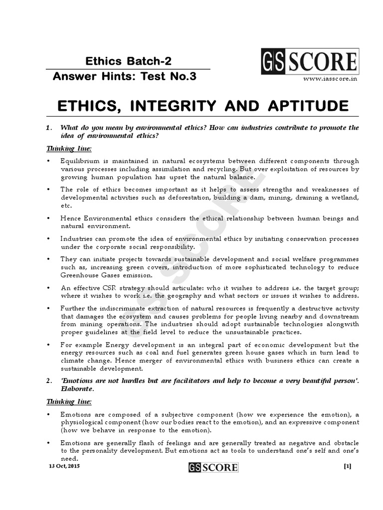 Ethics, Integrity and Aptitude: Answer Hints: Test No.3 Ethics Batch-2 ...