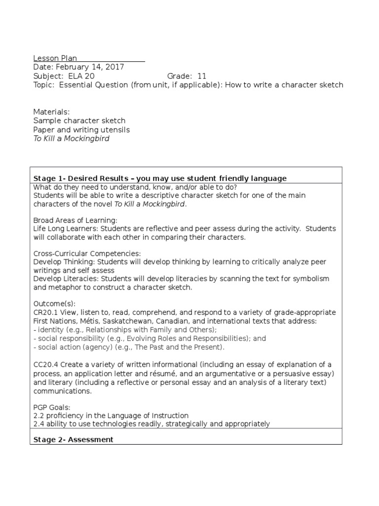 Character Sketch Lesson | PDF | Educational Assessment | Essays