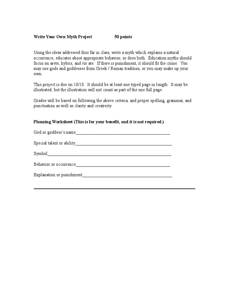 Write Your Own Myth Project | PDF
