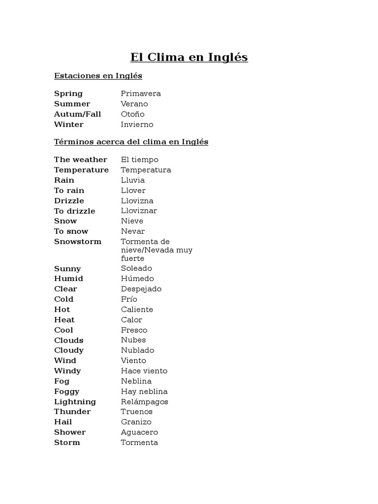 Vocabulario del Clima en Inglés y Español | PDF