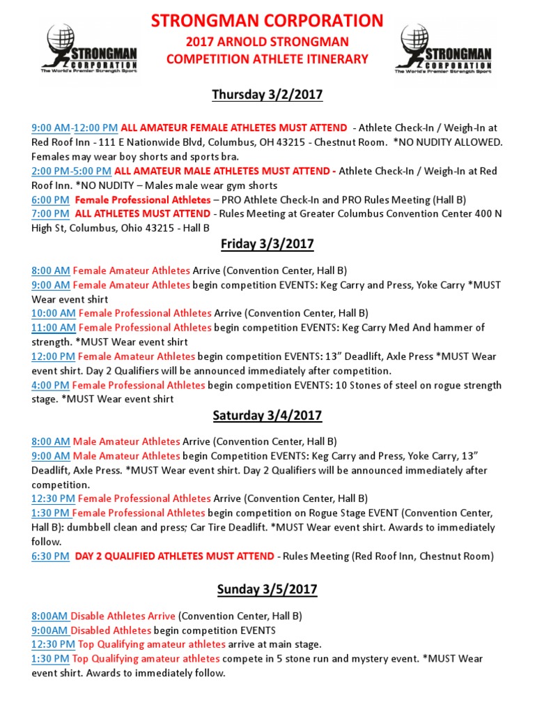 2017 Arnold Amateur Strongman World Championships Schedule | PDF