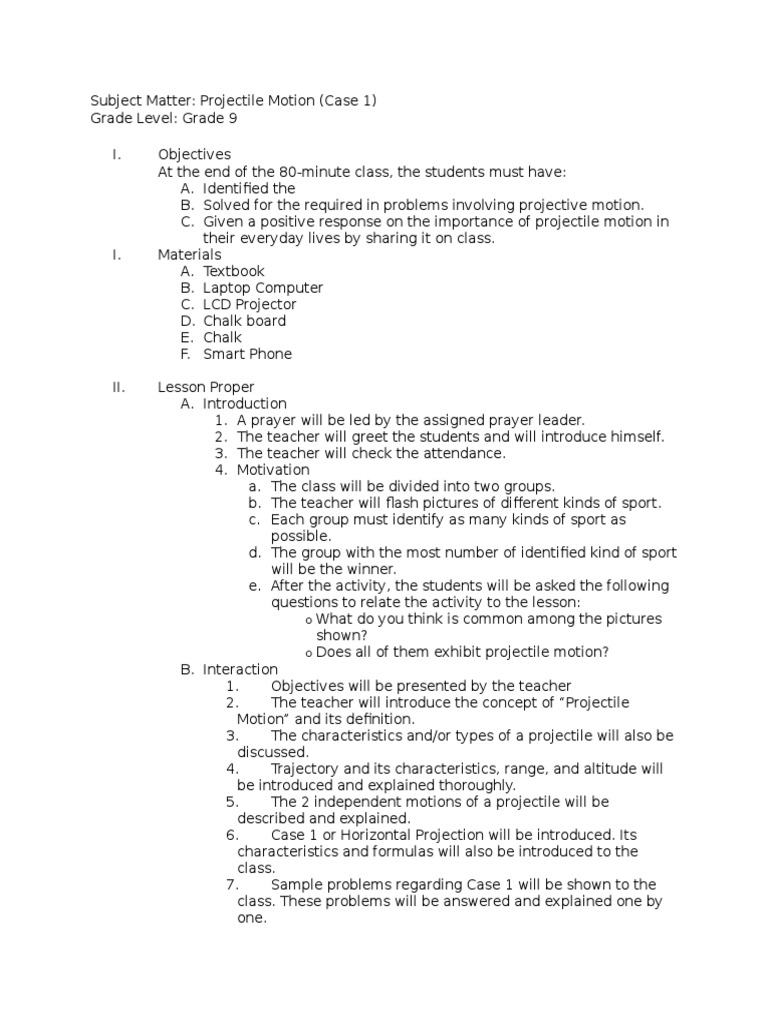 Grade 9 Projectile Motion Lesson Plan | PDF | Lesson Plan | Mechanics