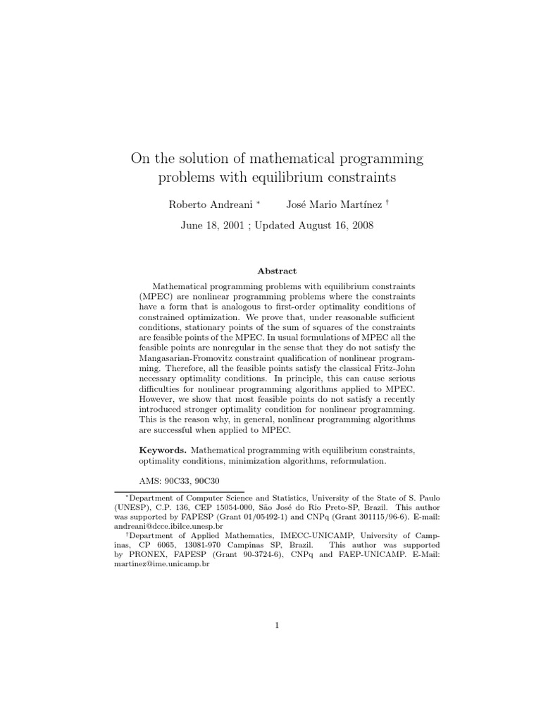On The Solution of Mathematical Programming Problems With Equilibrium Constraints | PDF ...