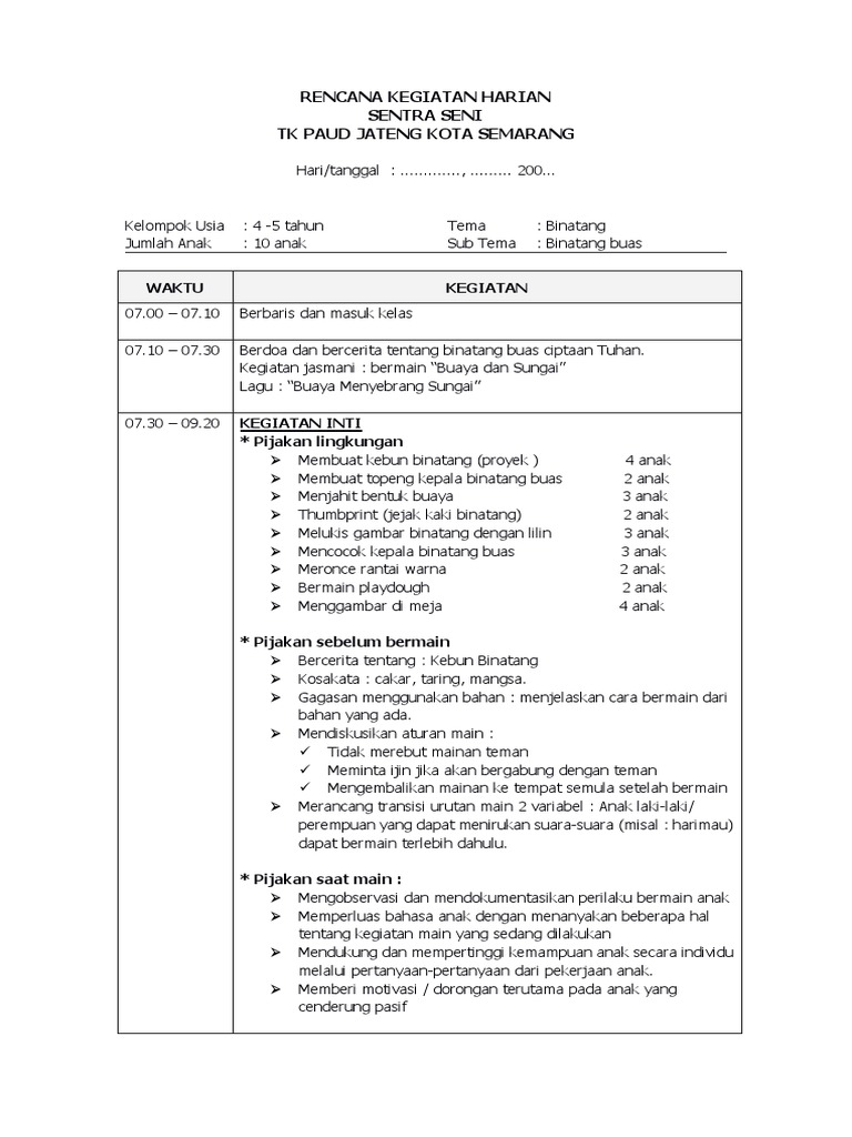 Contoh RKH Sentra Paud Selama 1 Minggu | PDF