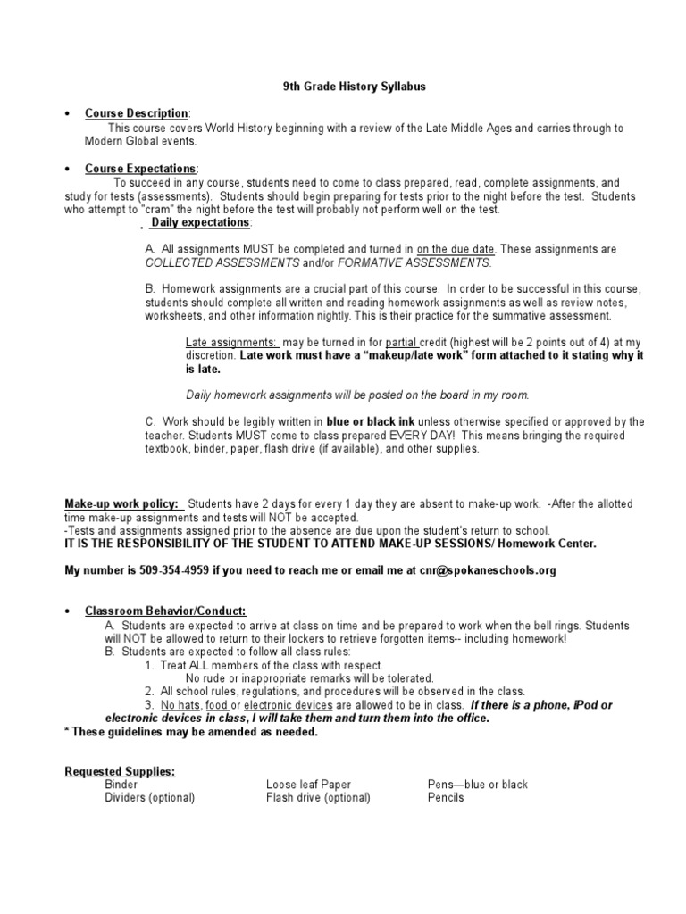2012 9th Grade Honors World History Syllabus | PDF | Homework ...