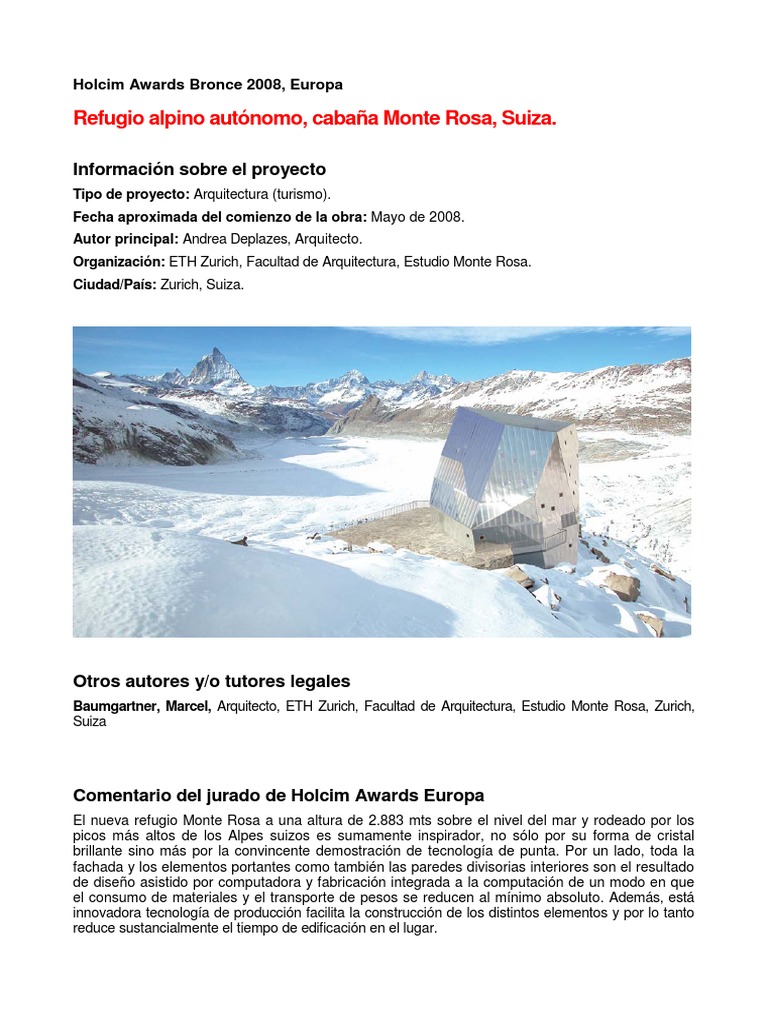Refugio Alpino Autónomo, Cabaña Monte Rosa, Suiza. | PDF | Suiza ...