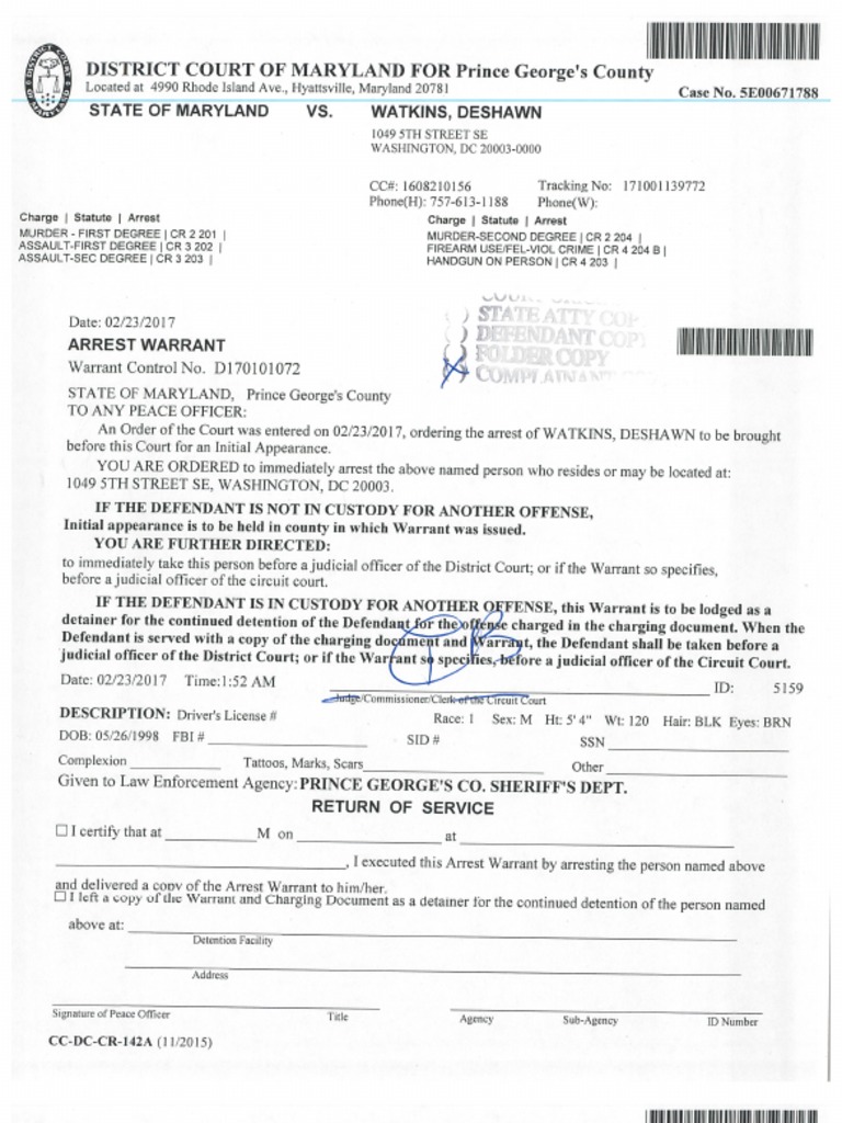 Deshawn Watkins Arrest Warrant | PDF