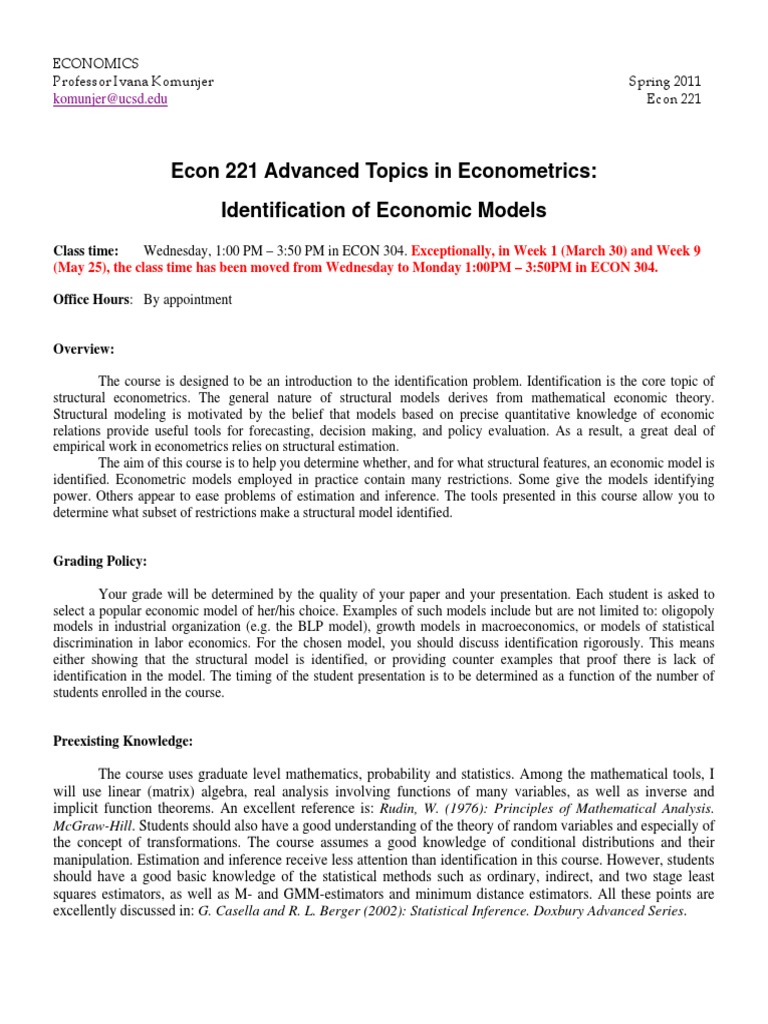 Econ 221 Advanced Topics in Econometrics: Identification of Economic ...