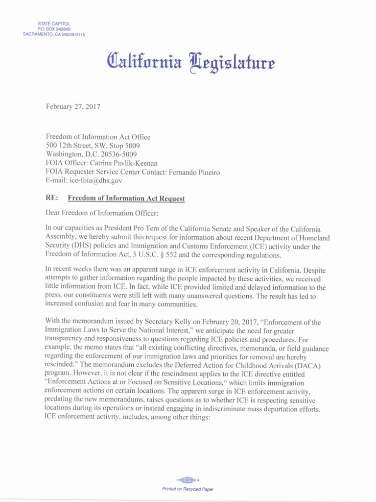 CA Leg Letter To Dhs Foia | PDF