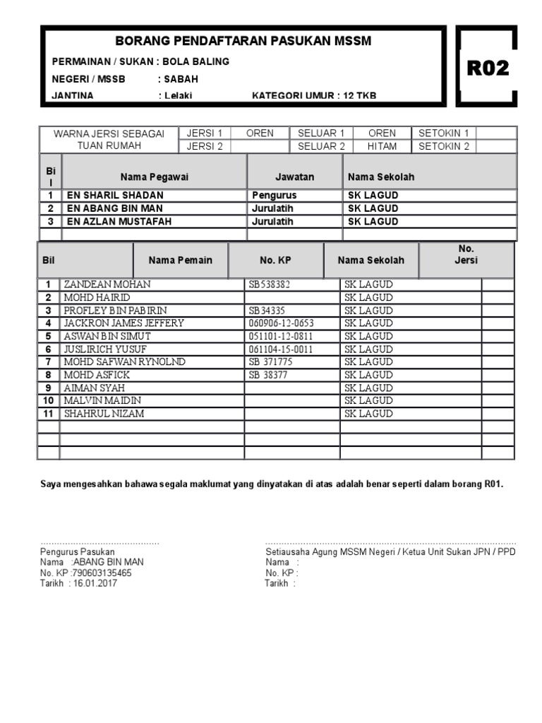 Borang r02 Lelaki Bola Baling | PDF
