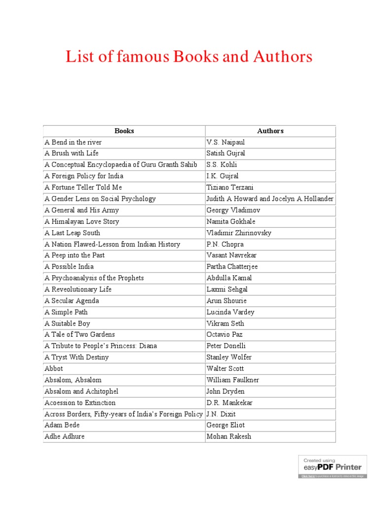 Famous Books and Authors List | PDF
