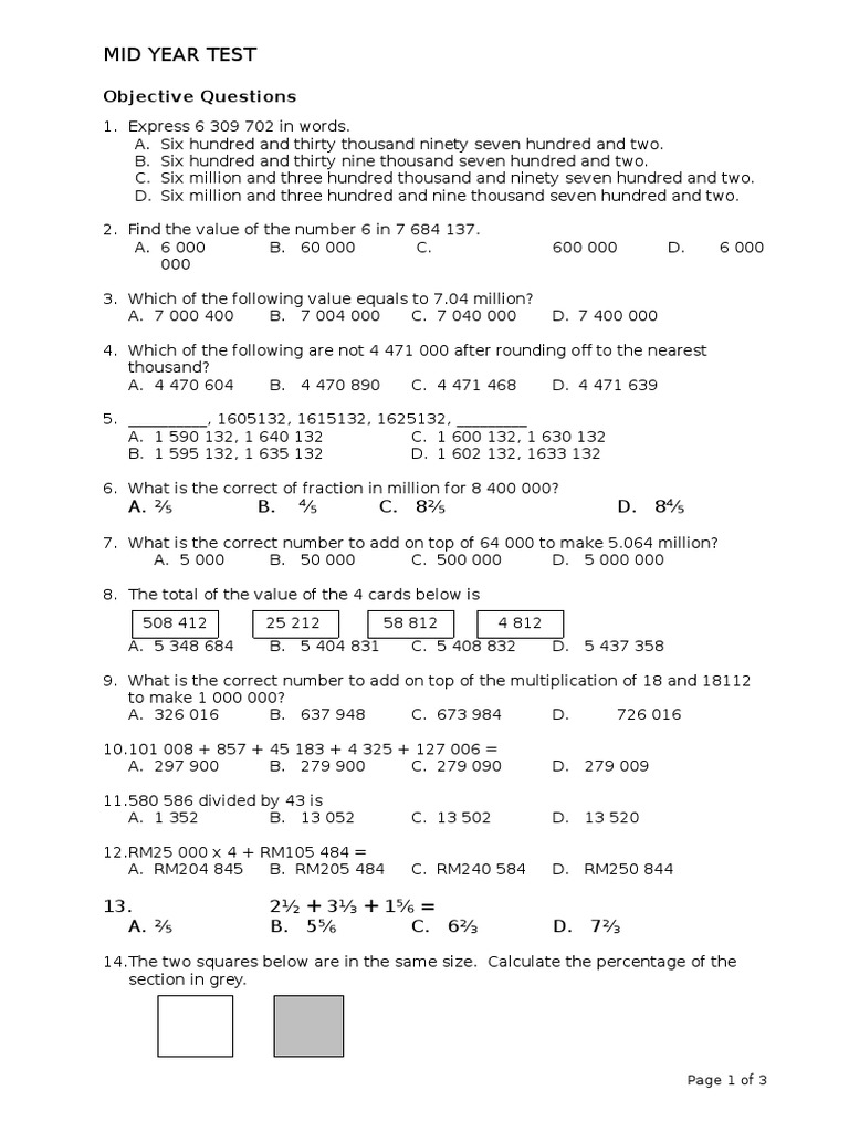 Mid Year Test: Objective Questions | PDF | Teaching Mathematics