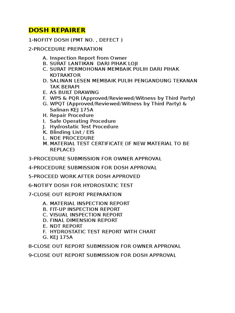 DOSH Certification and Repair Procedures | PDF | Law | Science ...