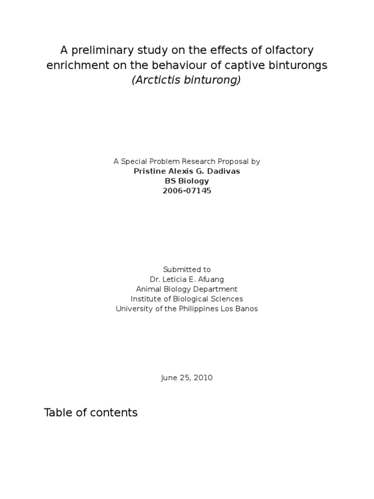Olfactory Enrichment of Captive Binturongs at PAWB Research Proposal ...