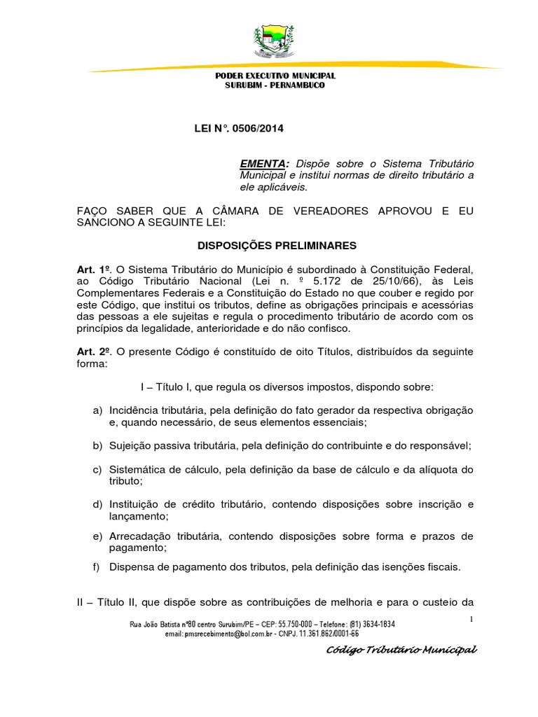 Lei Municipal Num 506 - 2014 CTM | PDF | Impostos | Governo