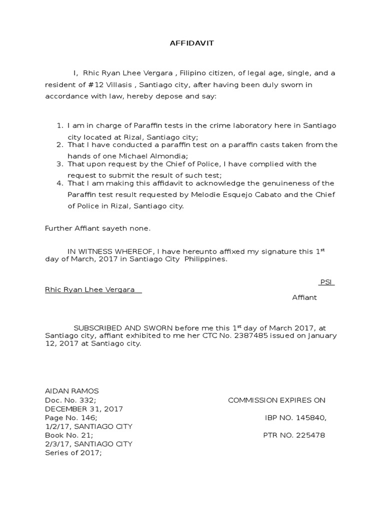 Paraffin Test Result Affidavit | PDF