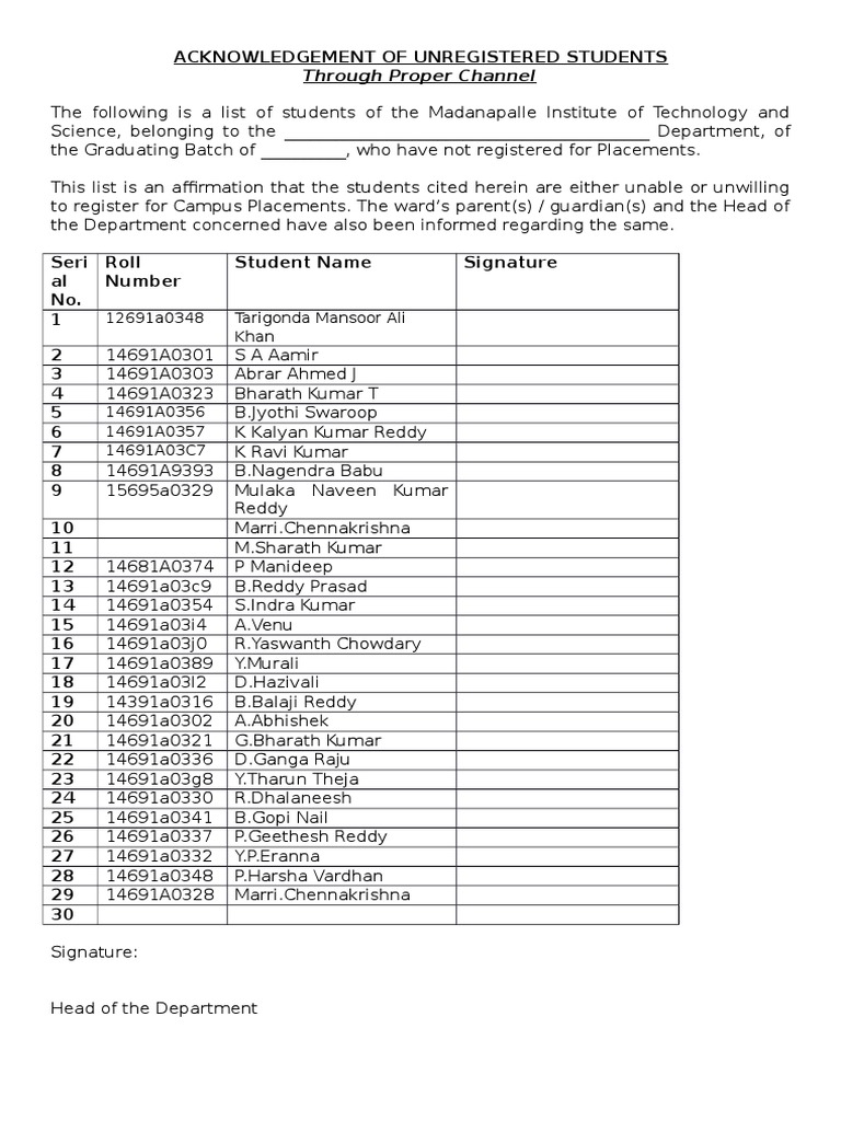 Format For Unregistered Students | PDF