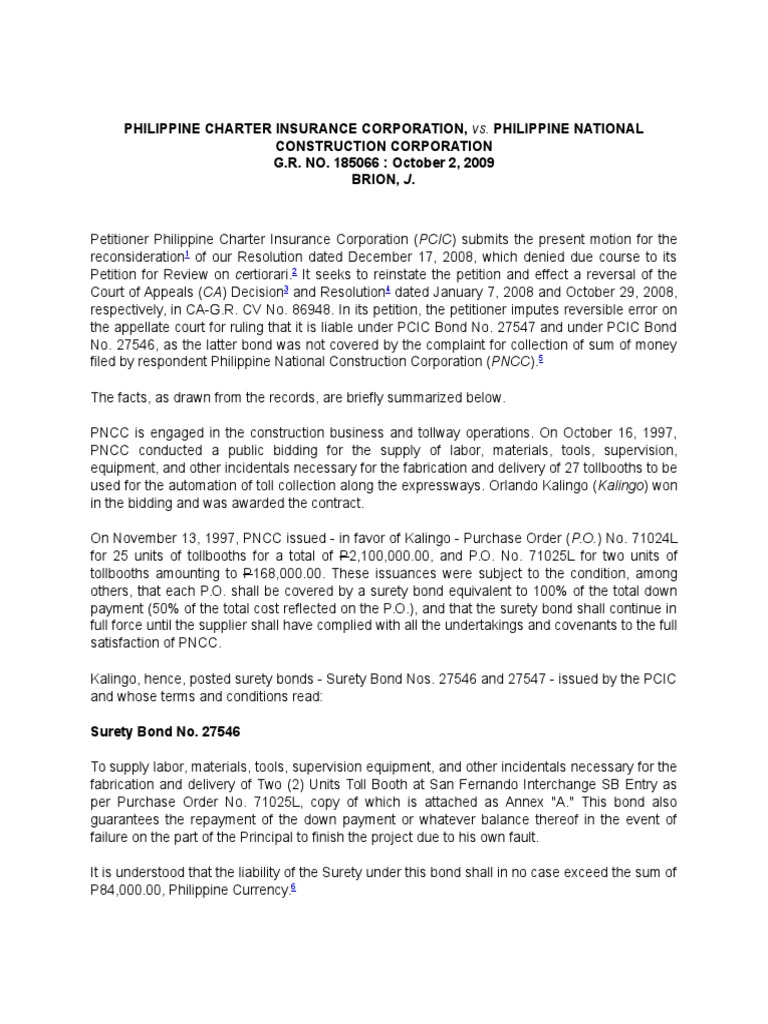 17 PCIC Vs Philippine National Construction | PDF | Surety Bond | Lawsuit