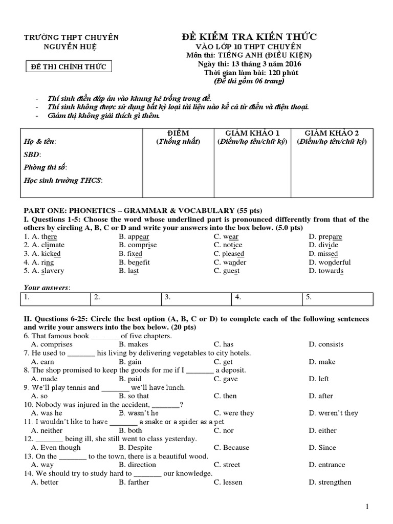 Tong Hop de Thi Vao Lop 10 Mon Tieng Anh Nam Hoc 2016 2017 Truong THPT Chuyen Nguyen Hue Ha Noi ...