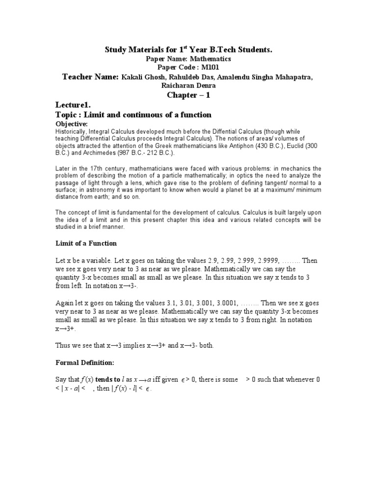 Btech 1st Sem: Maths: Calculus of Single Variable | PDF | Continuous ...