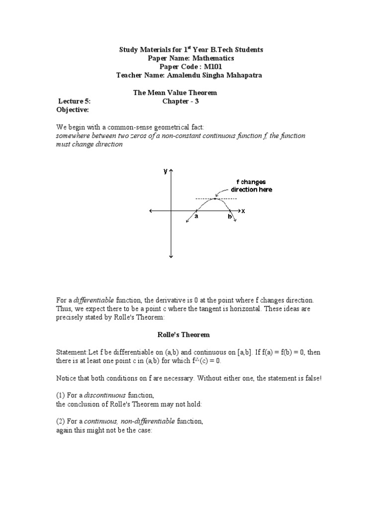 Btech 1st Sem: Maths: Mean Value Theorem | PDF | Maxima And Minima | Mathematical Objects