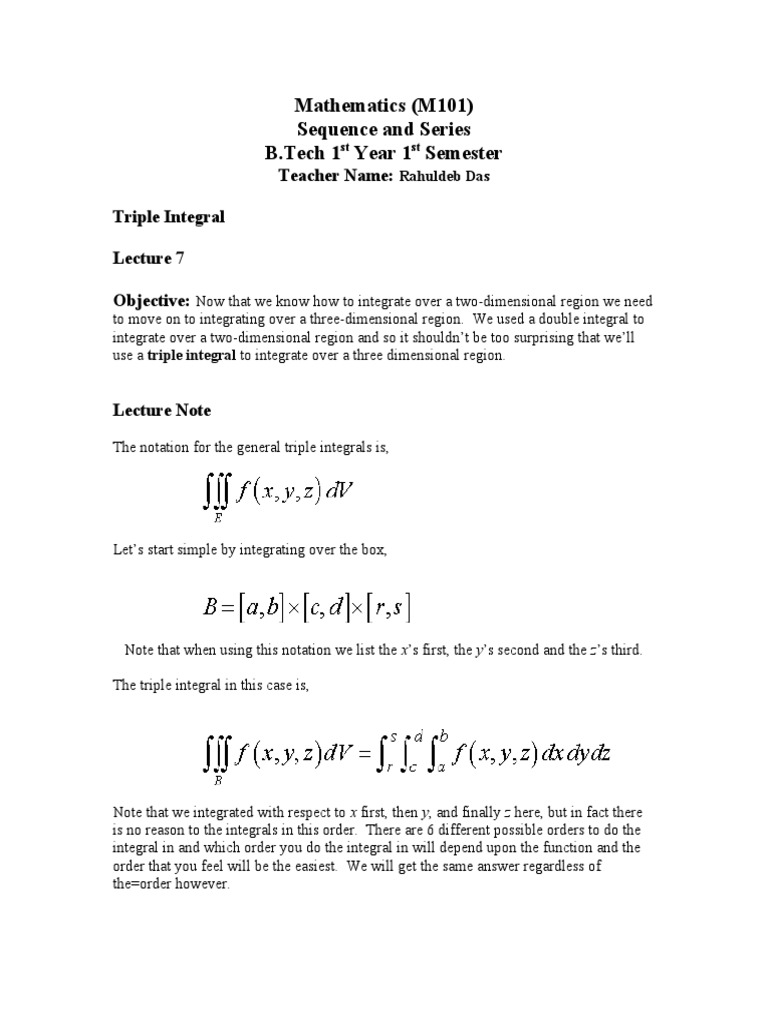 Btech 1st Sem: Maths: Triple Integrals | PDF | Integral | Geometry