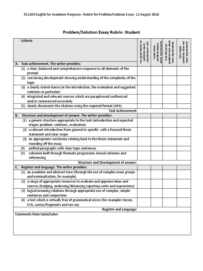 Problem/Solution Essay Rubric Guide | PDF | Rubric (Academic) | Essays
