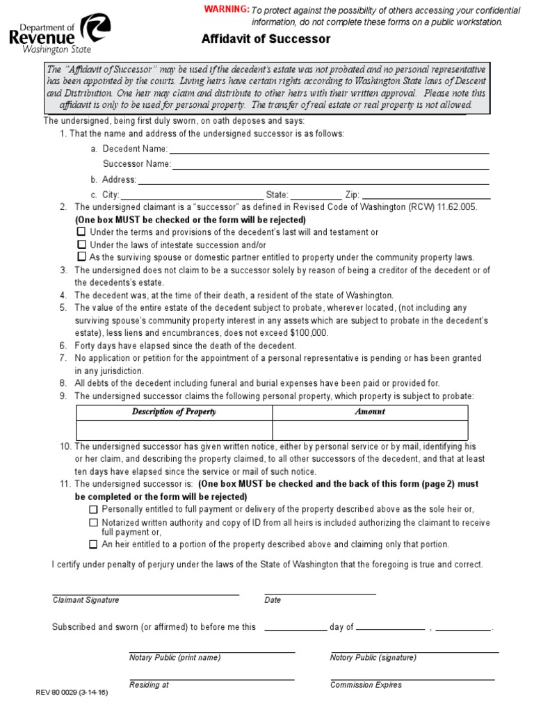 Affidavit of Successor: (One Box MUST Be Checked or The Form Will Be ...