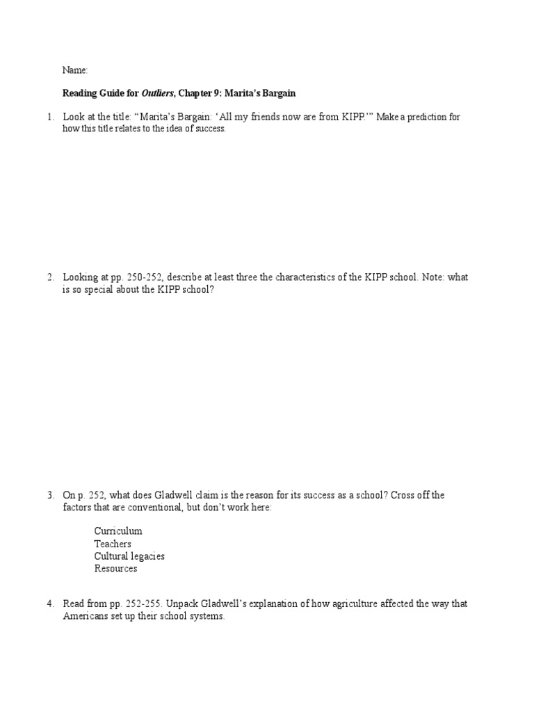 Reading Guide For Outliers, Chapter 9: Marita's Bargain: Name | PDF ...