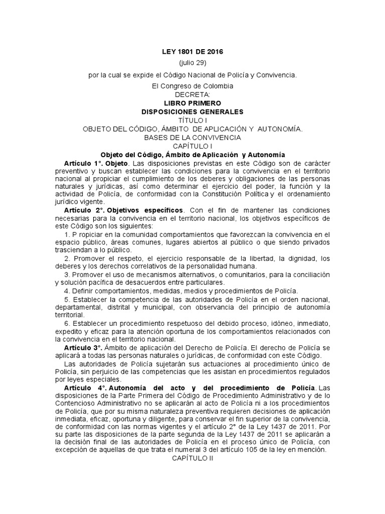 Ley 1801 de 2016 | PDF | Policía | Regulación