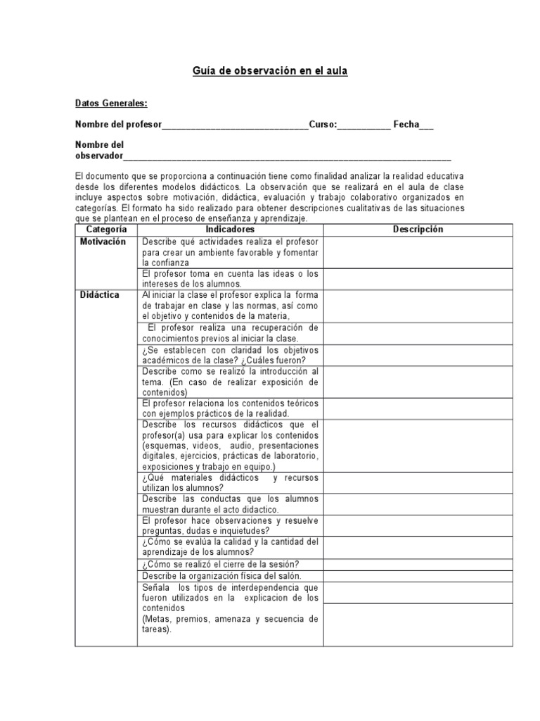 Guía de Observación en El Aula | PDF | Maestros | Motivación