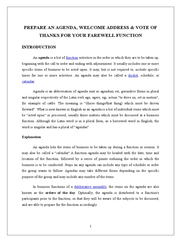 Prepare An Agenda, Welcome Address & Vote of Thanks For Your Farewell ...