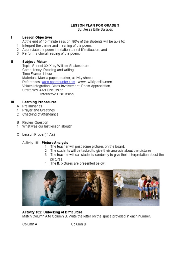 Grade 9 Sonnet 29 Lesson Plan | PDF | Sonnets | English Poetry