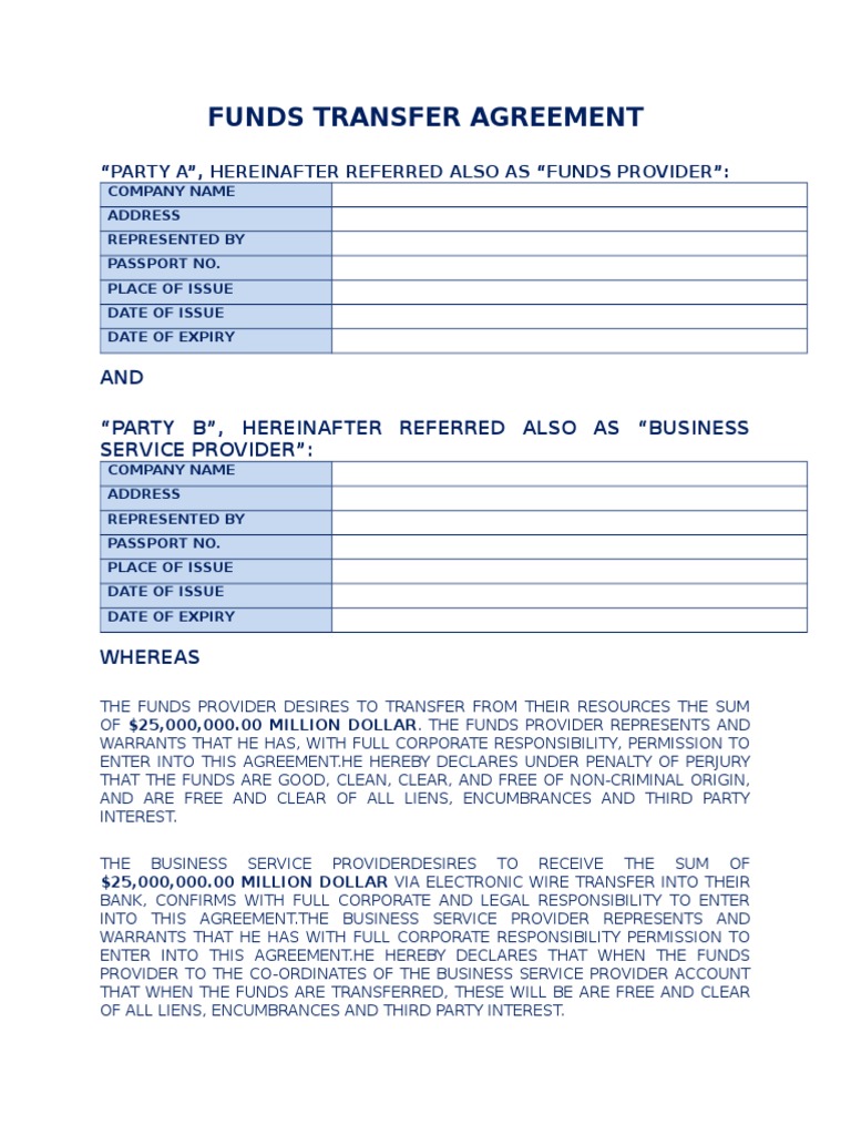 FUND TRANSFER AGREEMENT CONTRACT - WIRE TRANSFER (2) .Odt | PDF | Assignment (Law) | Wire Transfer
