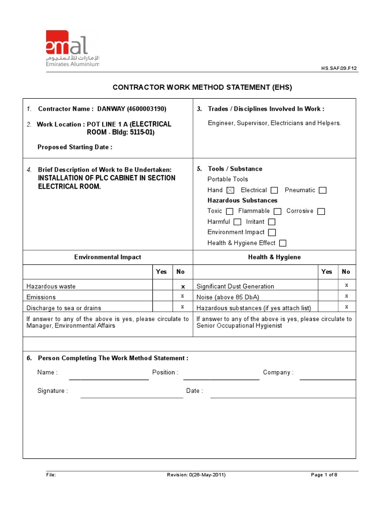 PLC Cabinet Installation Method Statement | PDF | Risk | Safety