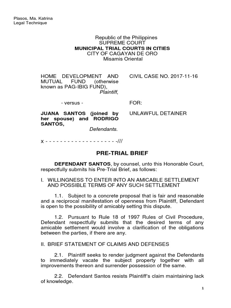 Pre Trial Brief Civil Pdf Lawsuit Common Law