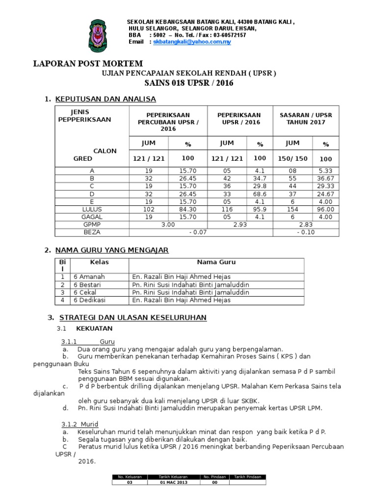 Laporan Post Mortem Peperiksaan Sains | PDF