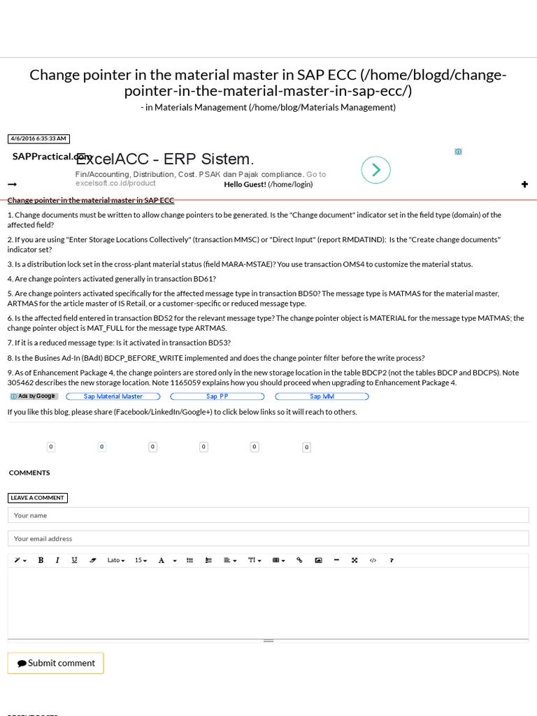 Change Pointer in The Material Master in SAP ECC | PDF | Business ...