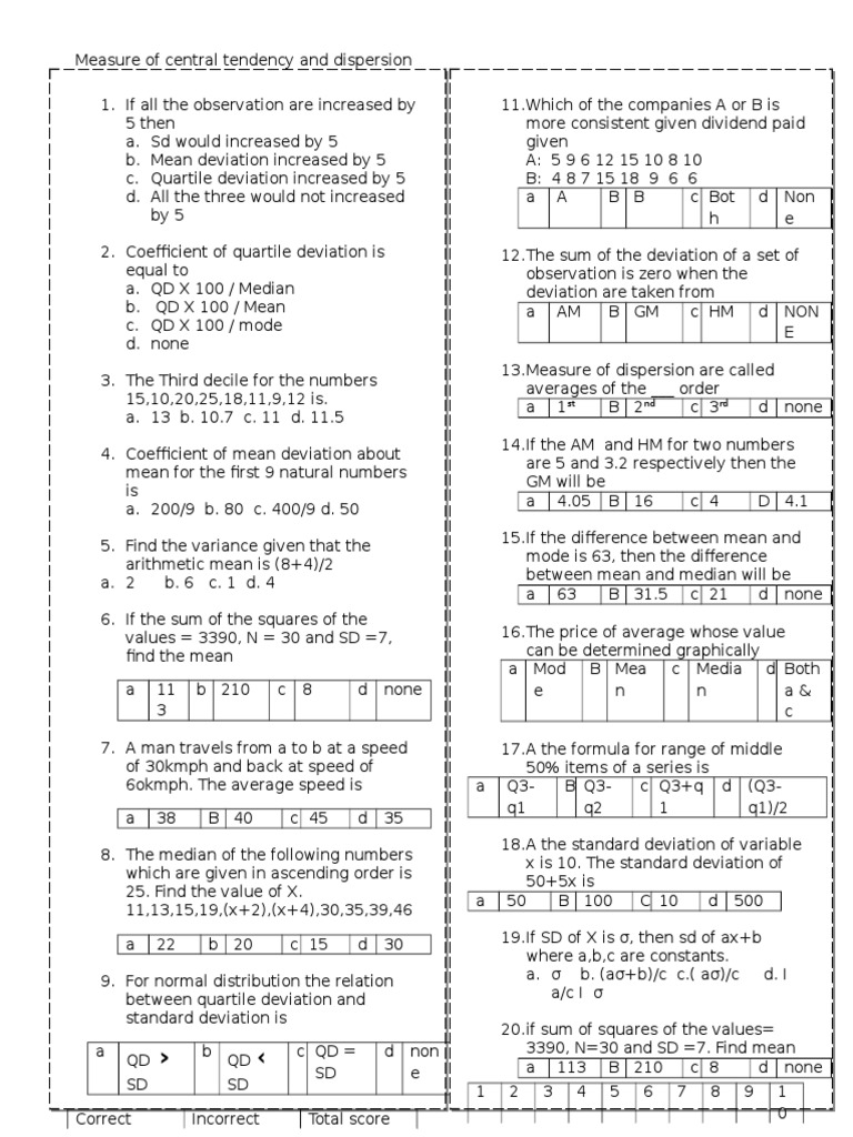 Measures of Central Tendency and Dispersion | PDF | Arithmetic Mean ...