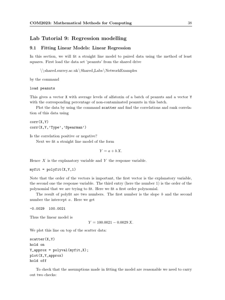 Lab Tutorial 9: Regression Modelling: 9.1 Fitting Linear Models: Linear ...