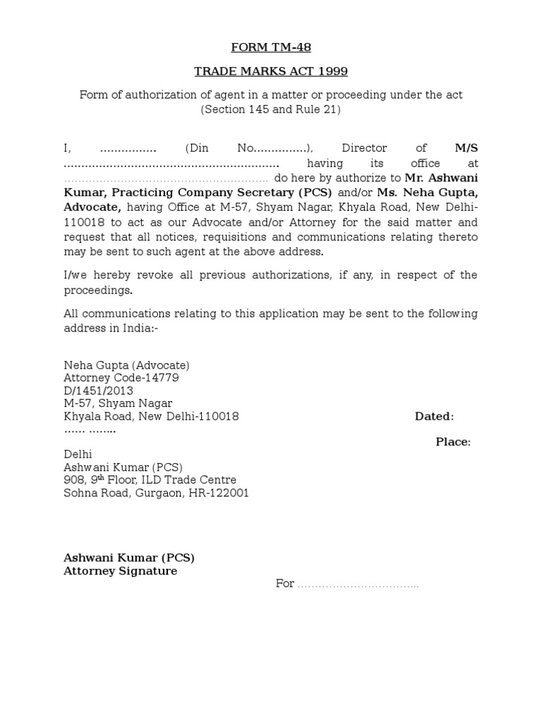 TM-48 Power of Attorney Form India | PDF