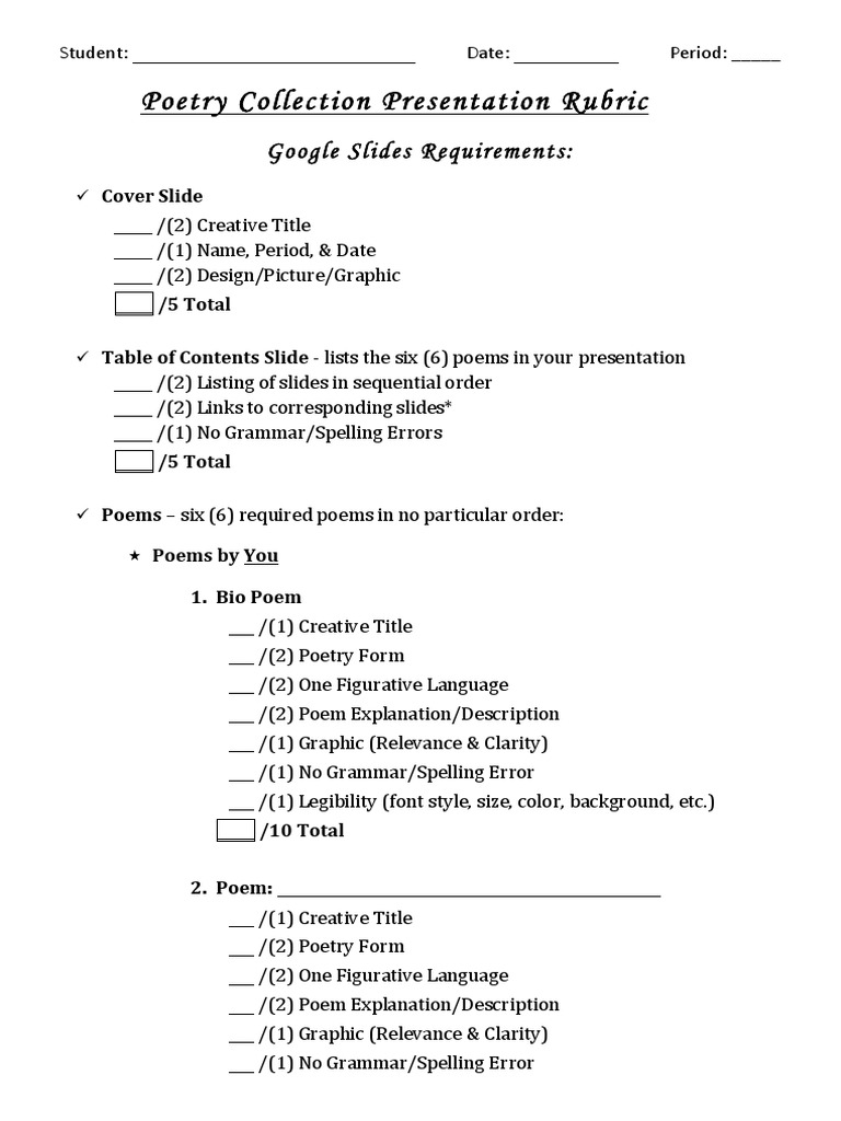 Poetry Presentation Rubric Template | PDF | Poetry | Linguistics
