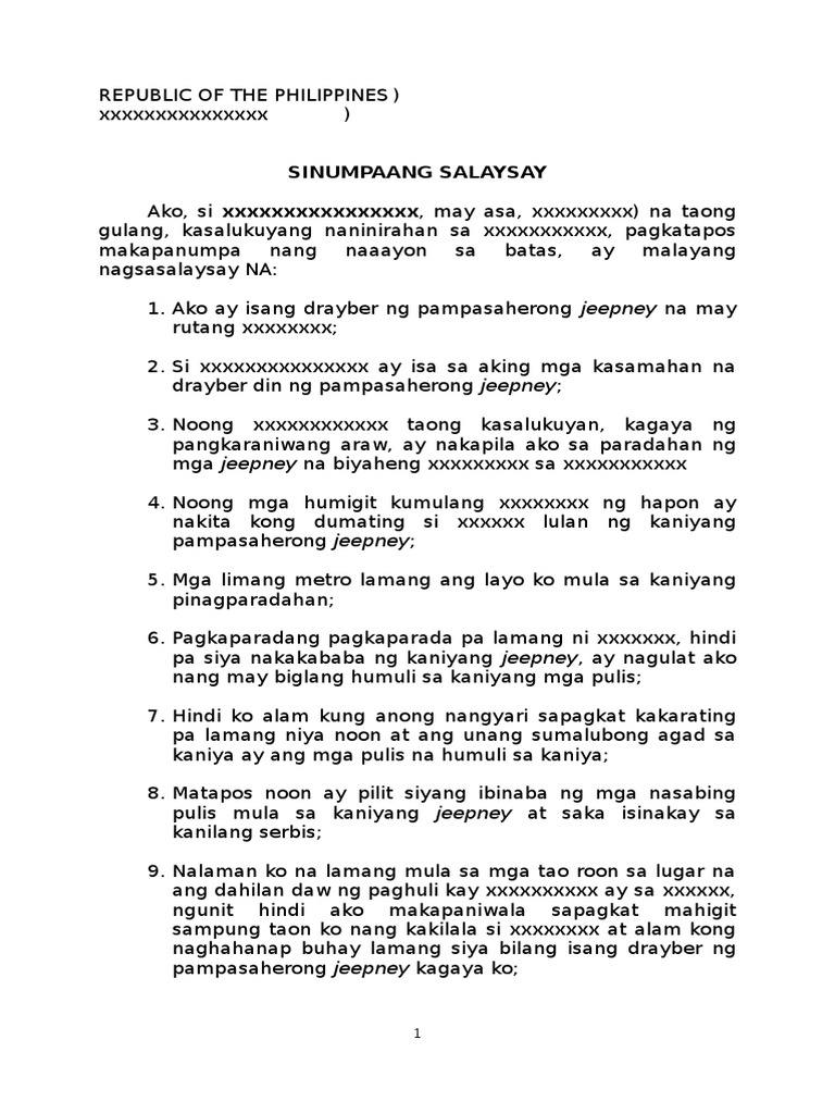 Sinumpaang Salaysay Sample